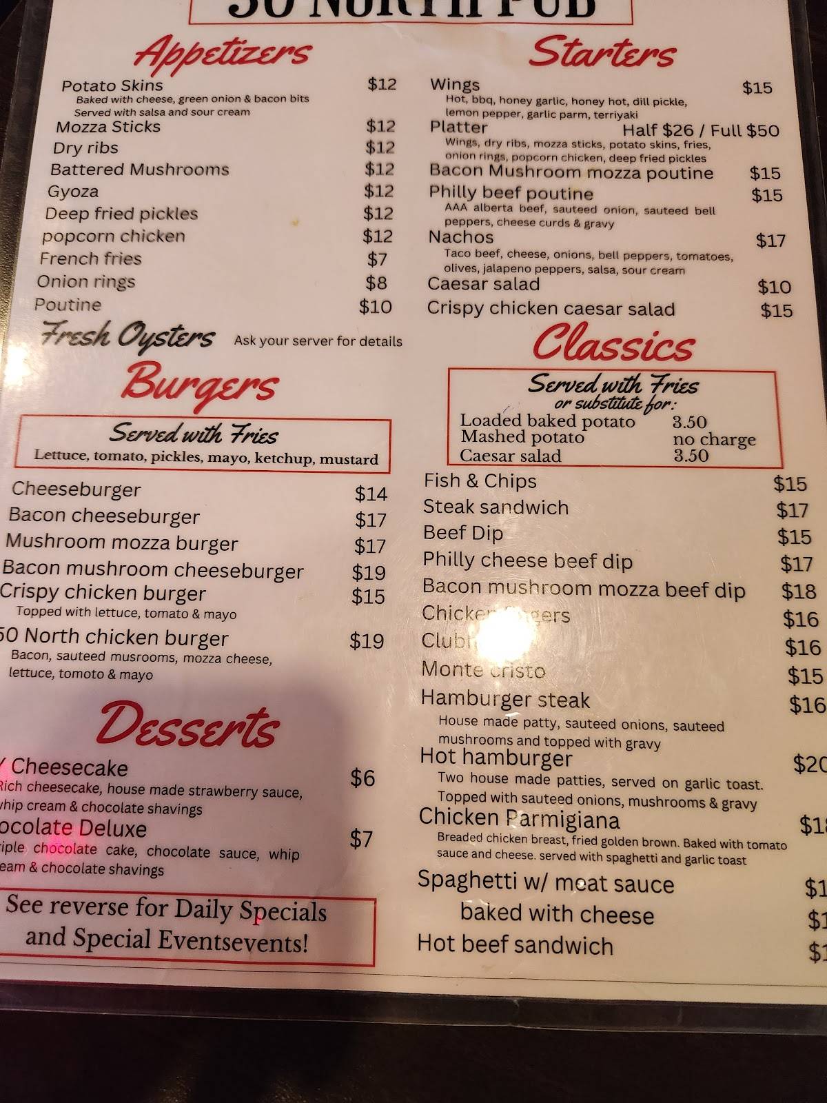 Menu at 50 North Pub & Eatery, Red Deer