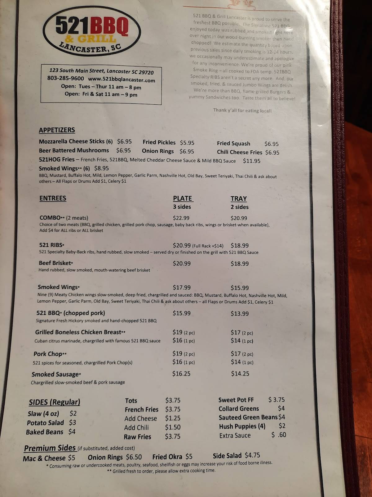 Menu at 521 BBQ & Grill - Lancaster, Lancaster