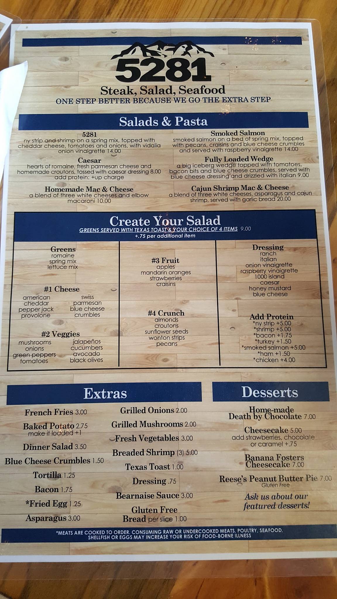 Menu at 5281 STEAK SALAD SEAFOOD steakhouse, Morrison