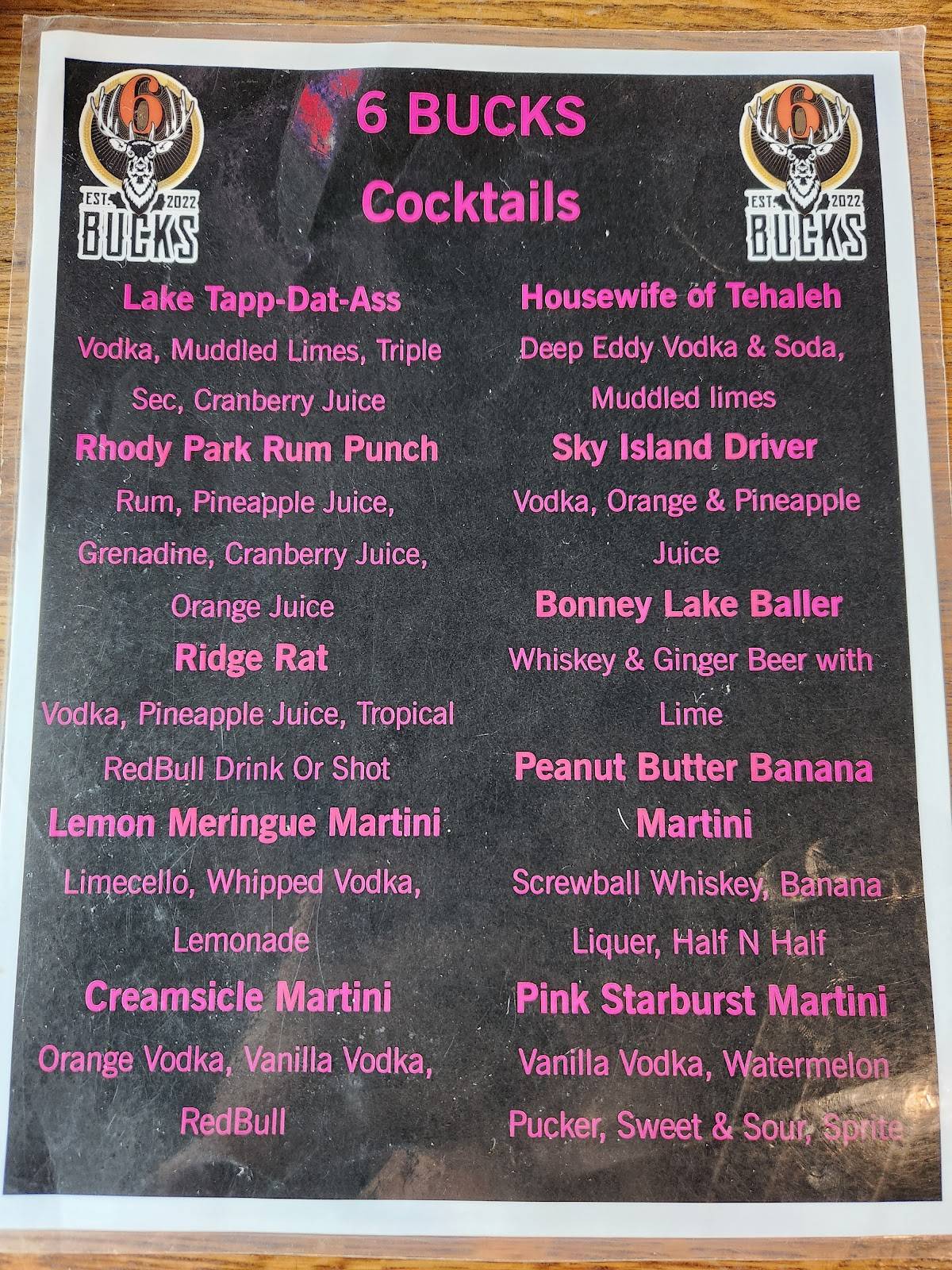 Menu at 6 Bucks Bar & Grille, Bonney Lake