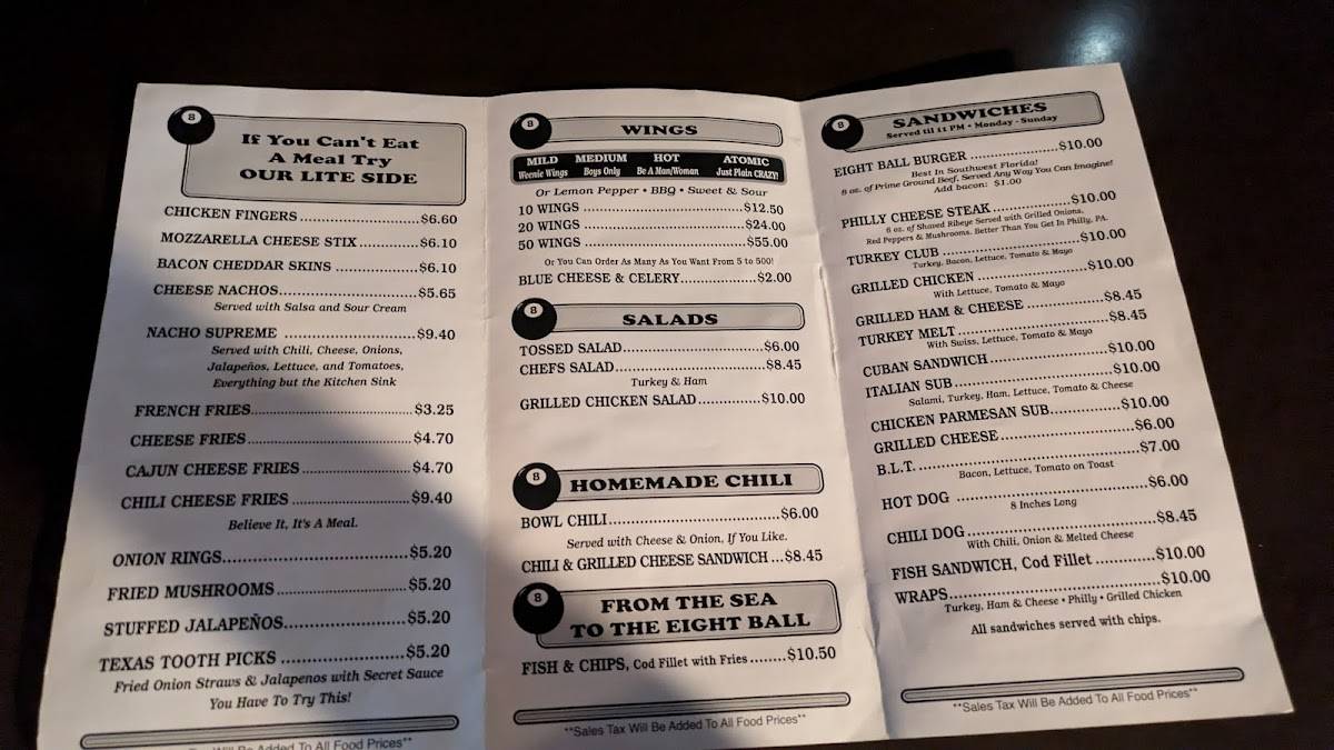 Menu at 8 Ball Lounge restaurant, Fort Myers