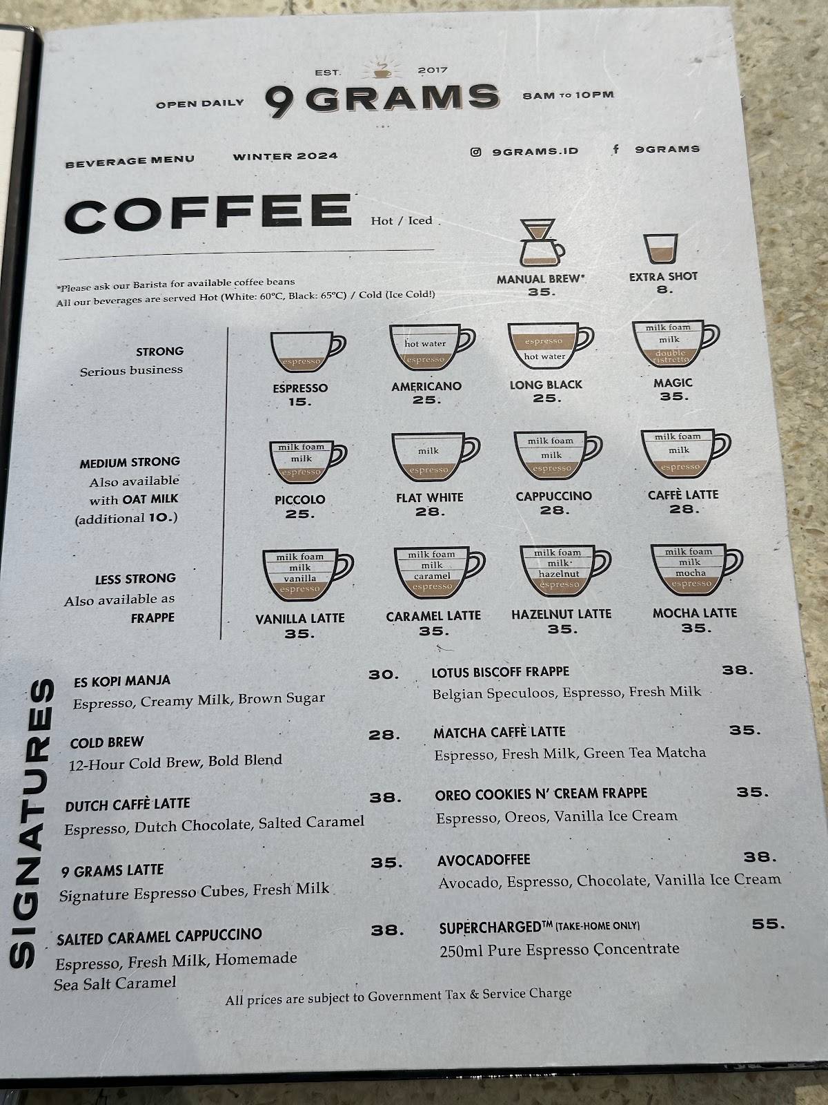Carta del café 9 GRAMS, Central Jakarta
