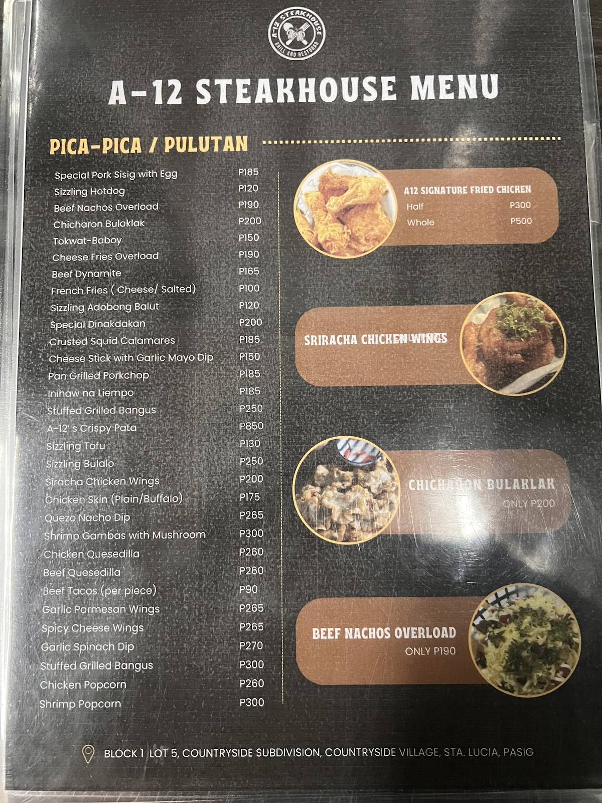 Menu at A-12 Steakhouse Restobar, Pasig