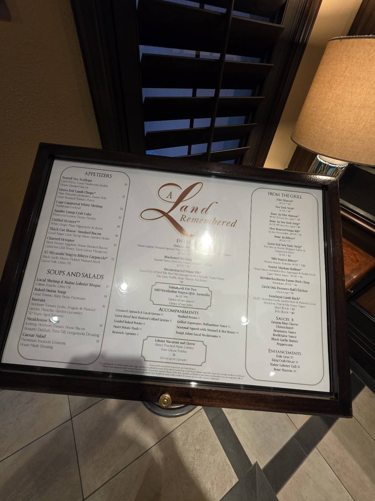 Menu at A Land Remembered steakhouse, Orlando, Universal Blvd