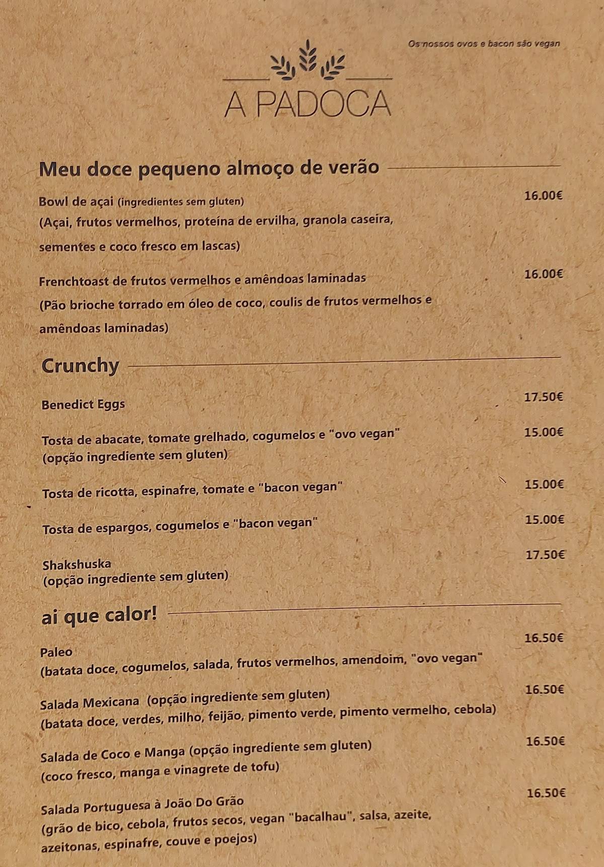 Menu at A Padoca restaurant, Porto