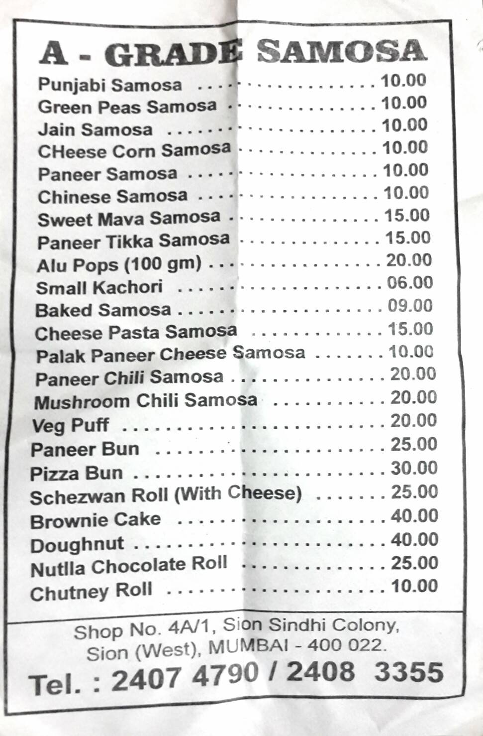 Menu at A1 Samosa, Mumbai, 5A-5