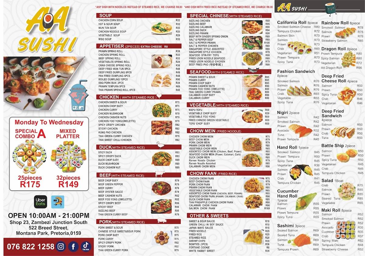 Menu at AA SUSHI & Super Bubble Tea Zambezi Junction restaurant, Pretoria