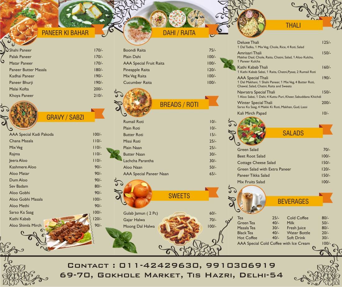 Menu at AAA Restaurant, Delhi