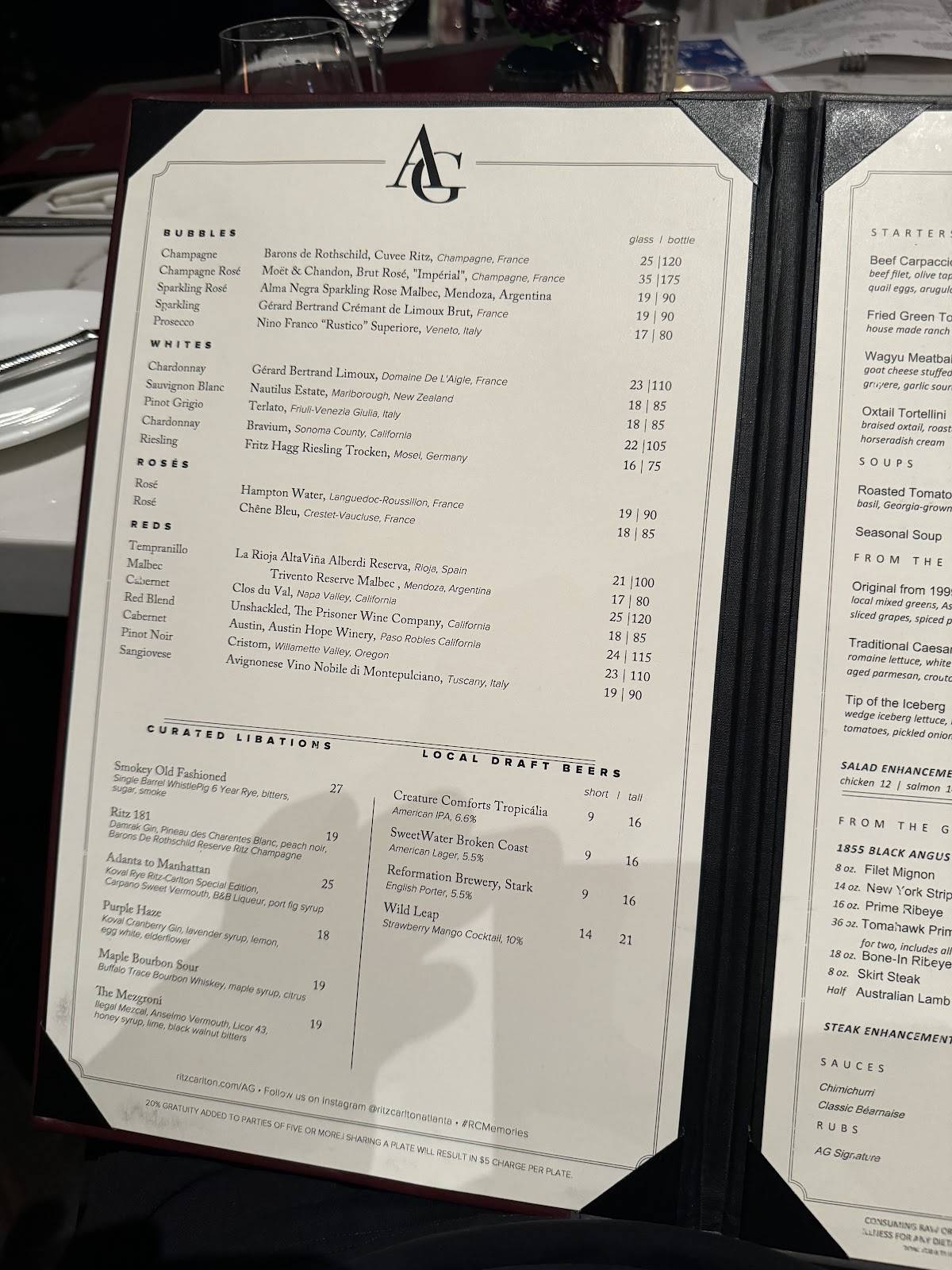 Menu at AG, Modern Bar and Steakhouse, Atlanta, 181 Peachtree Rd NE