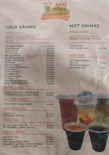 Menu at APM Juice, Jakarta