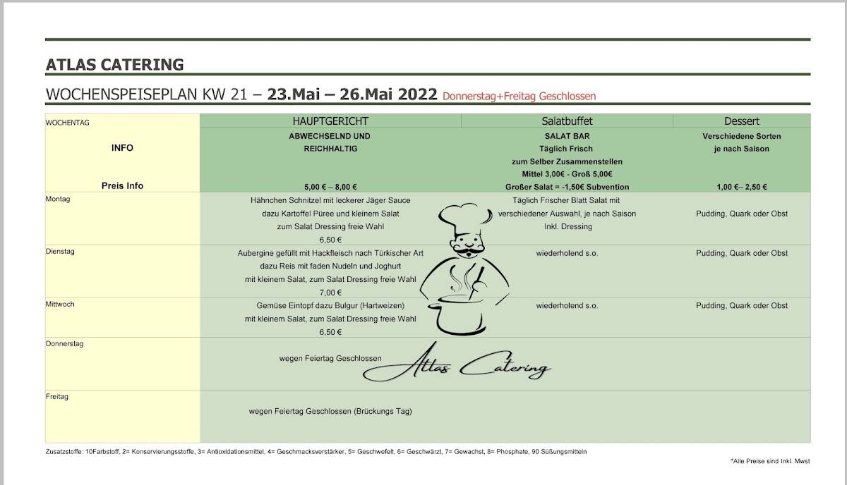 Menu au ATLAS CATERING cafeteria, Lilienthal