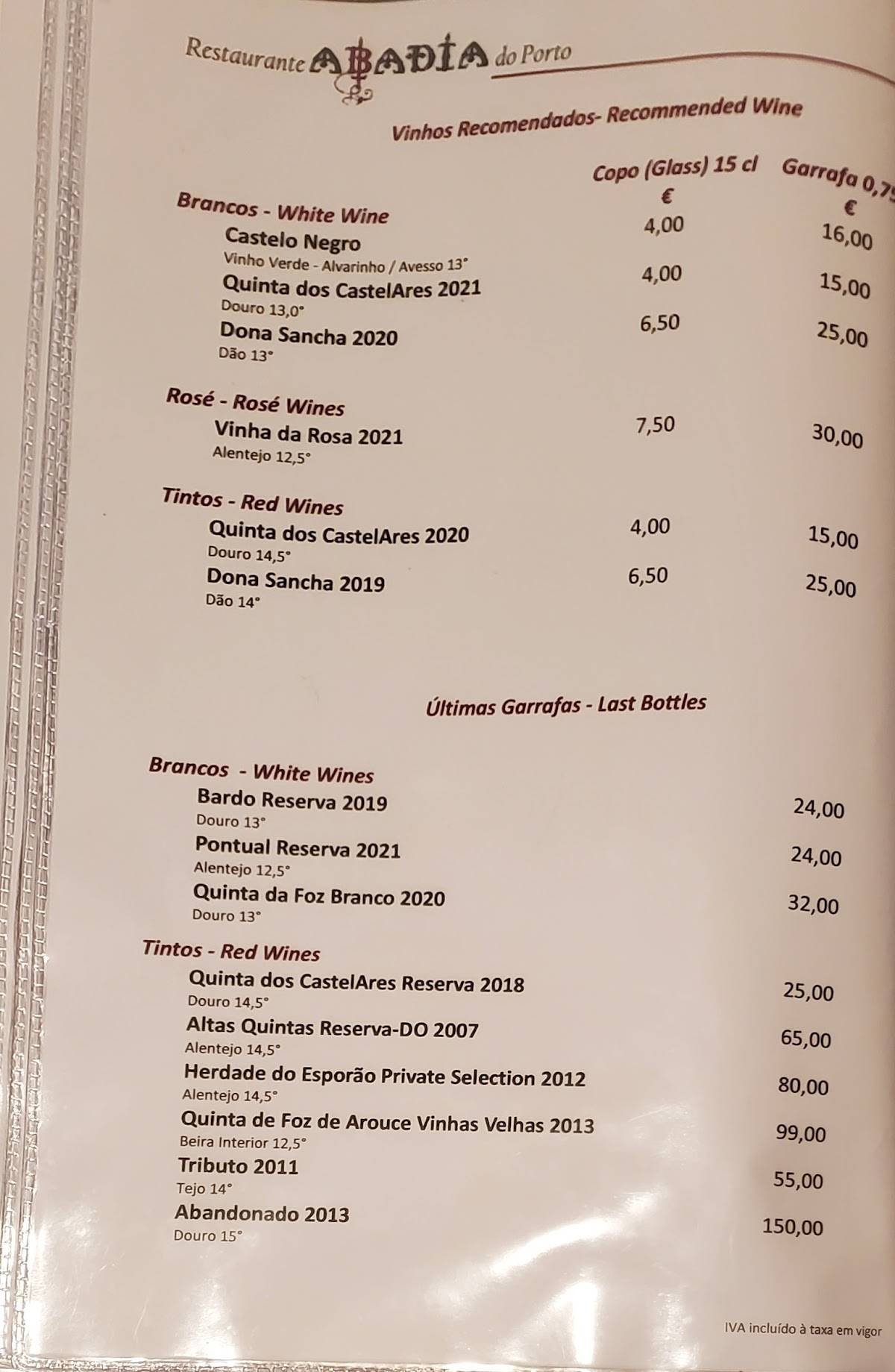 Menu at Abadia do Porto restaurant, Porto