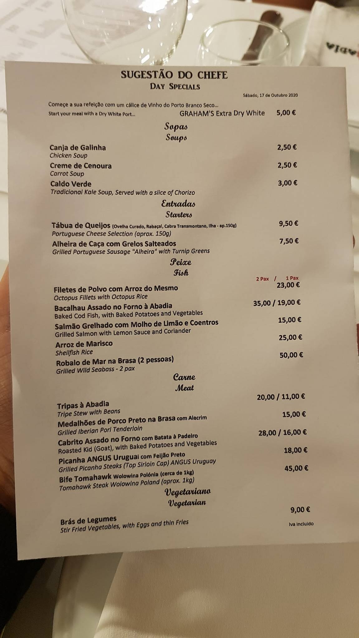 Menu at Abadia do Porto restaurant, Porto