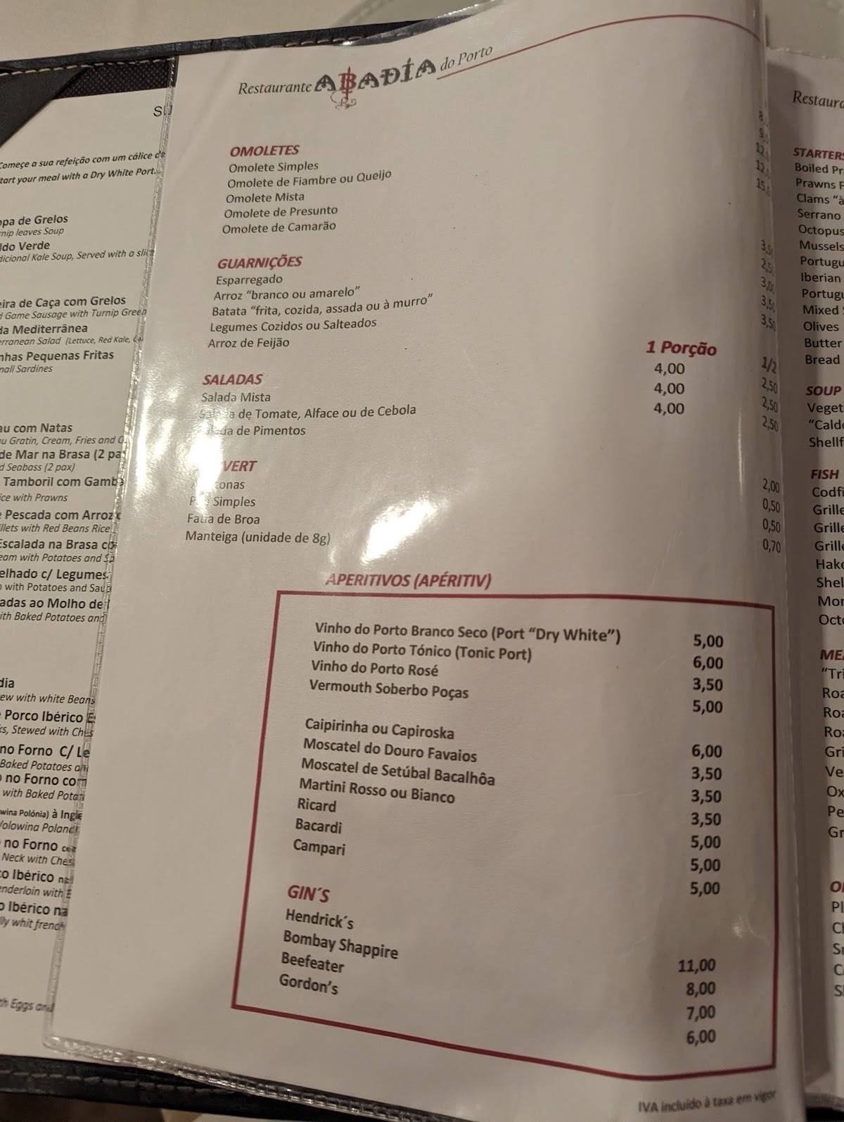 Menu at Abadia do Porto restaurant, Porto