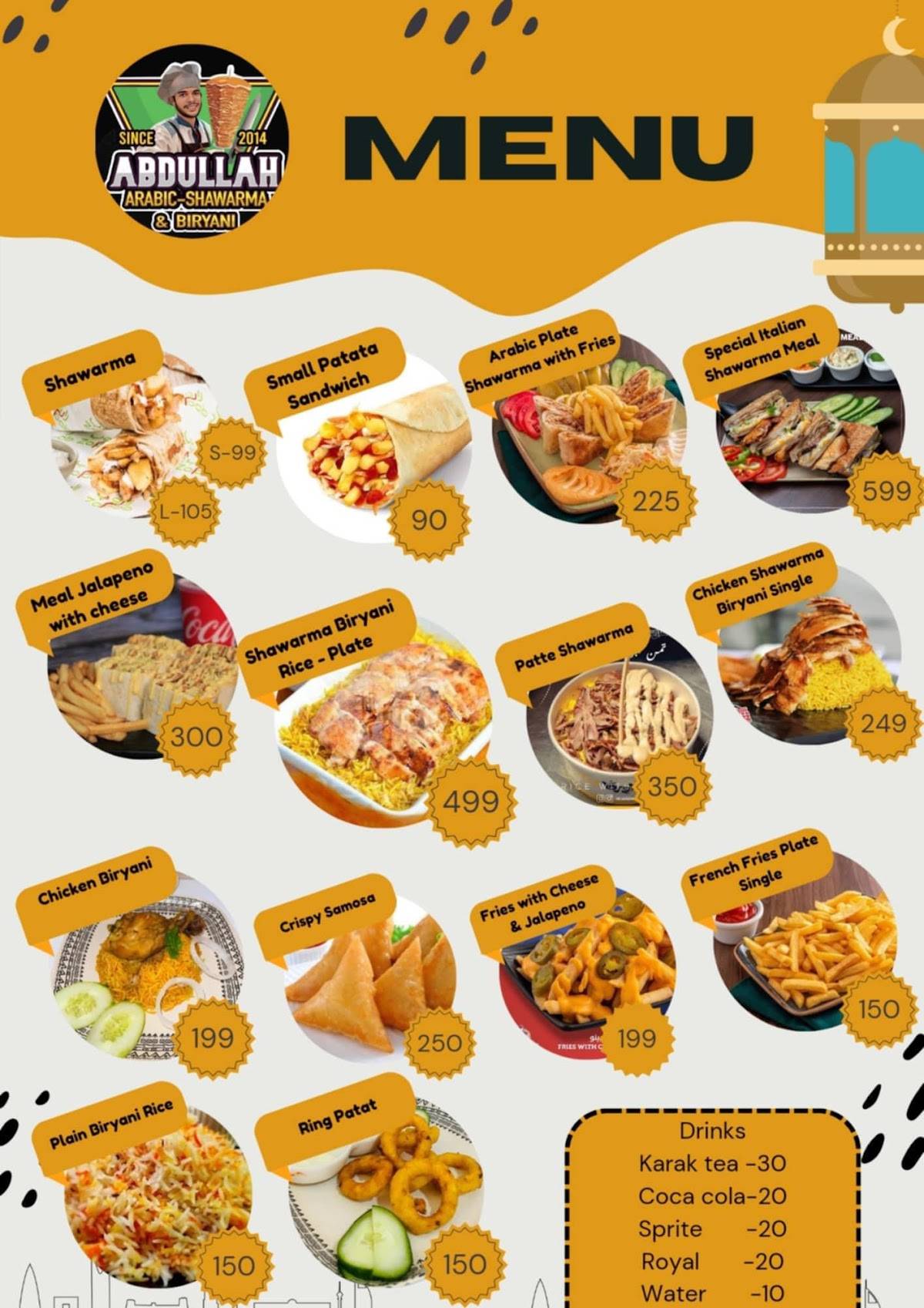 Menu at Abdullah arabic shawarma restaurant, San Luis