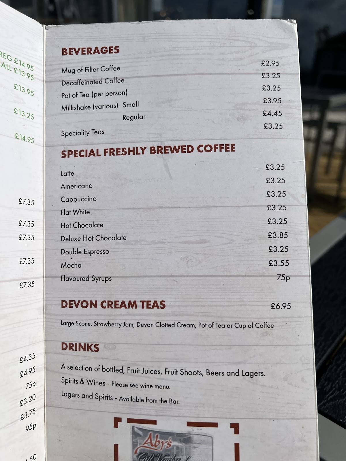 Menu at Aby's Catering cafe, Exmouth