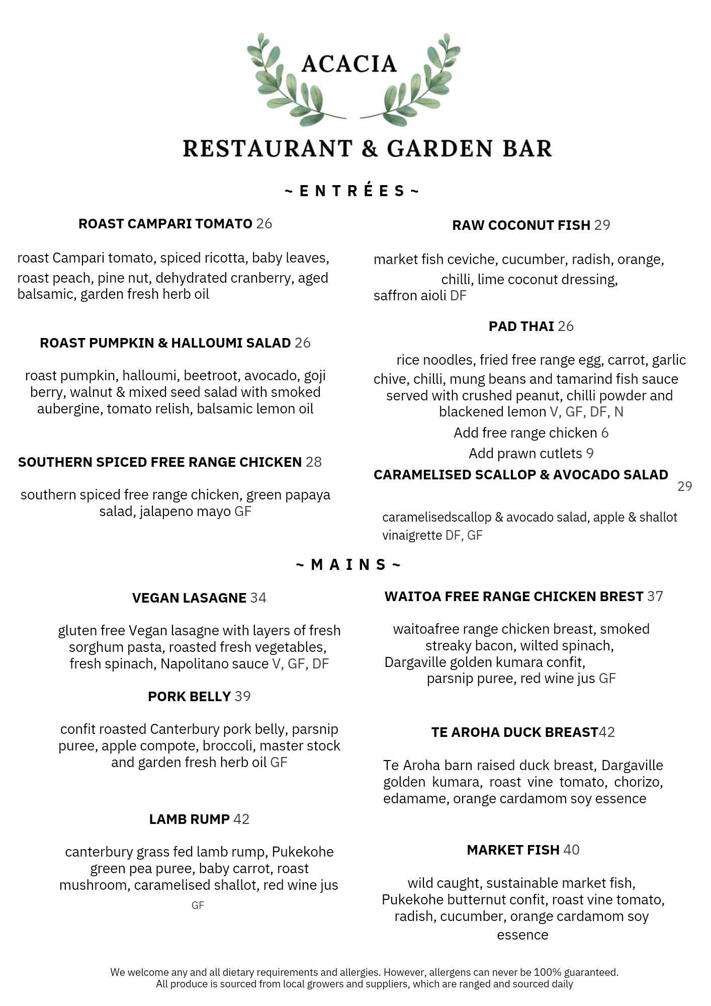 Menu at Acacia Restaurant & Garden Bar, Auckland