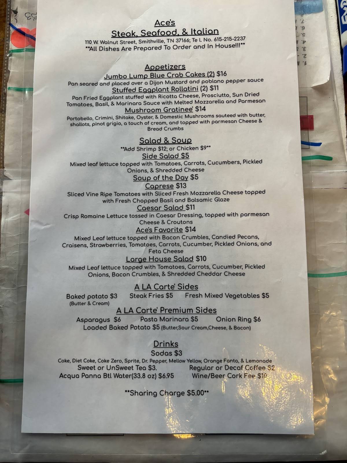 Menu at Ace's Steak, Seafood, Italian restaurant., Smithville