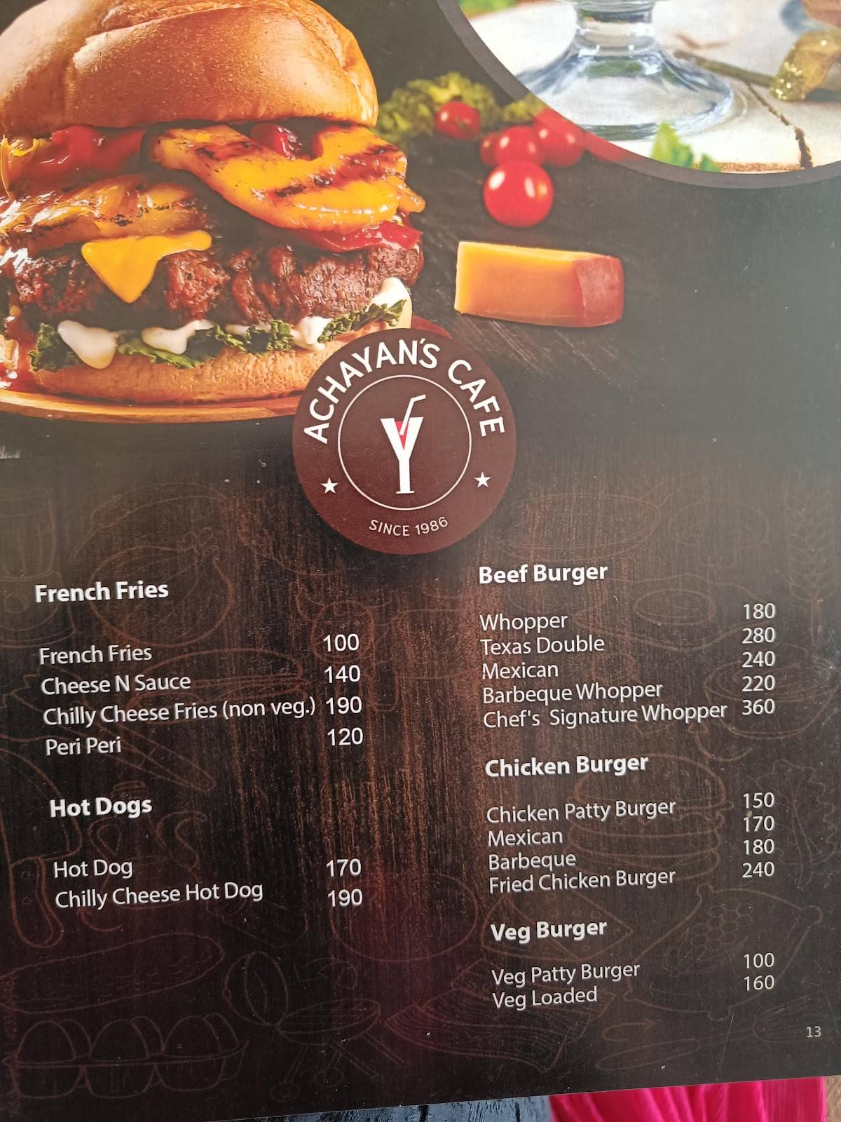 Menu at Achayan’s Cafe, Changanassery