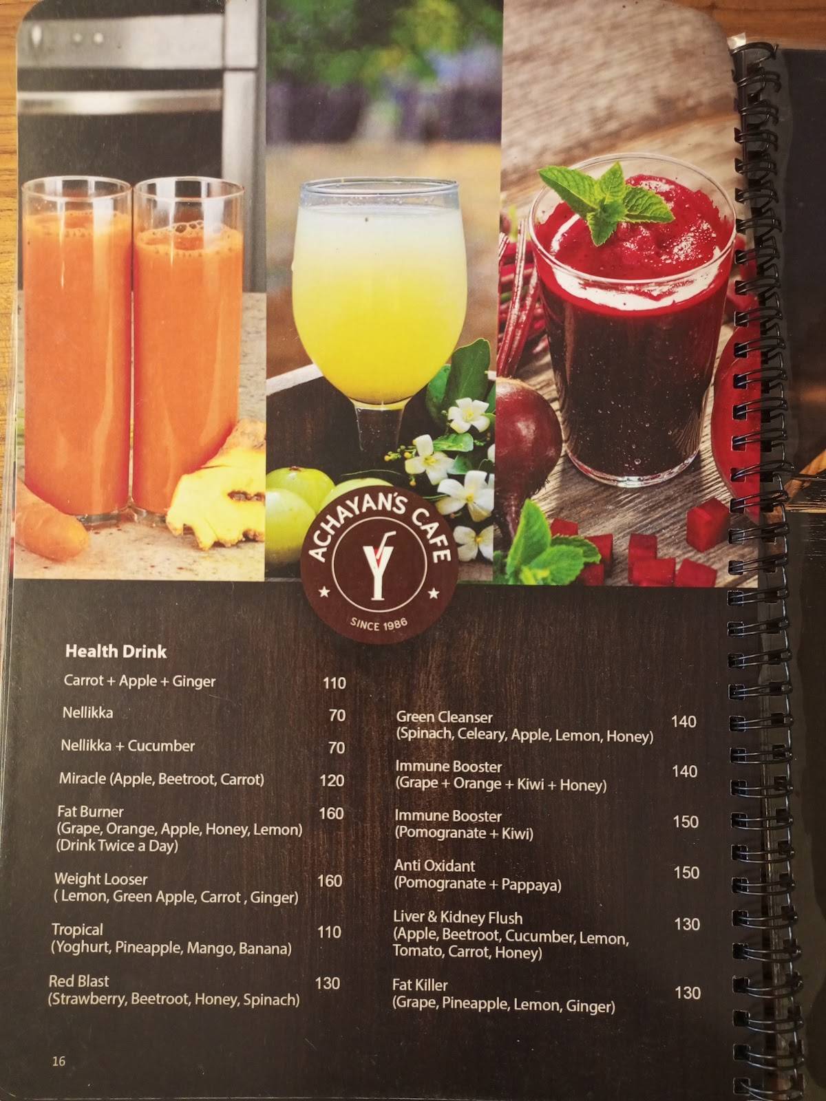 Menu at Achayan’s Cafe, Changanassery