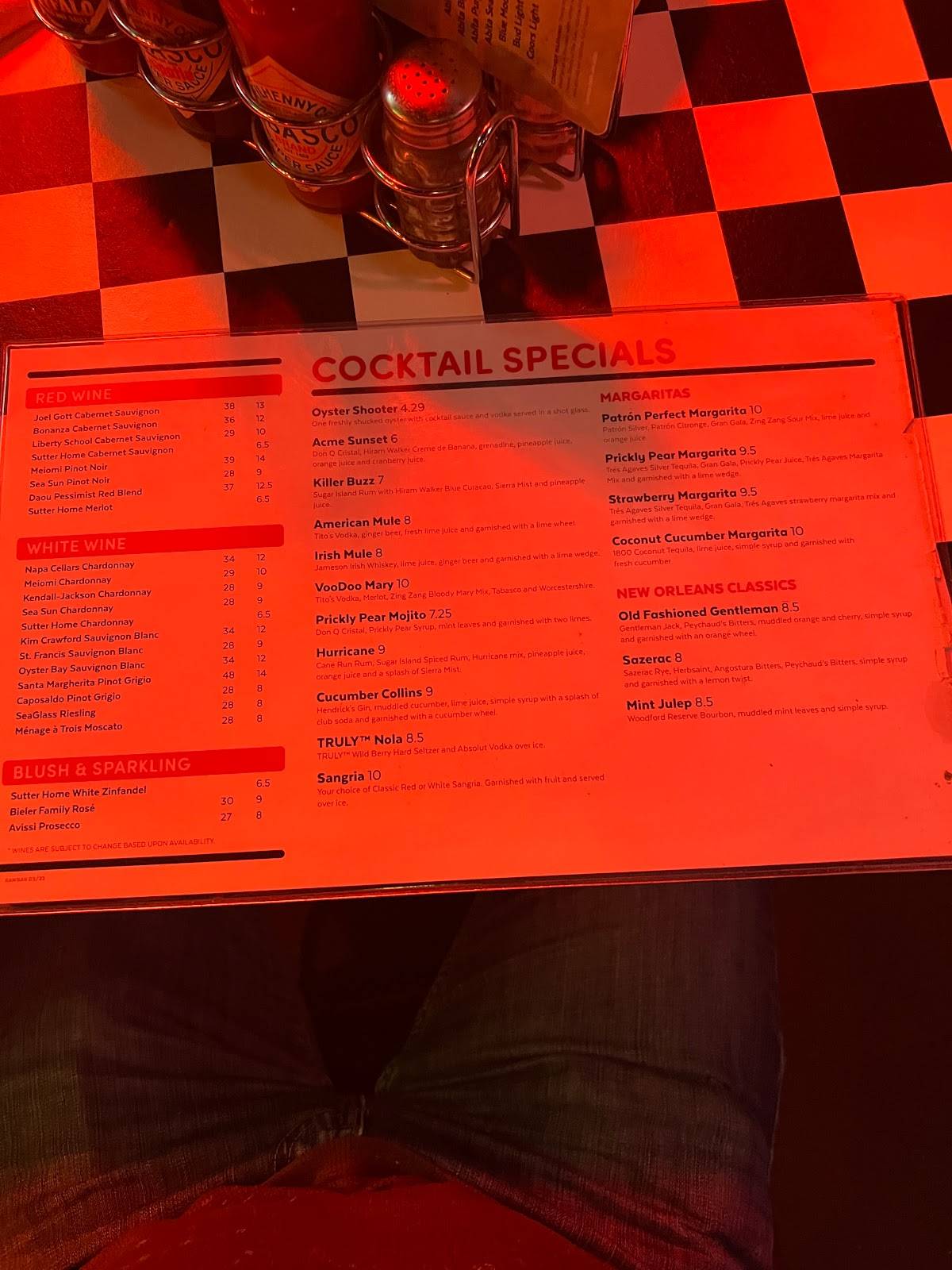 Menu at Acme Oyster House restaurant, New Orleans, 724 Iberville St