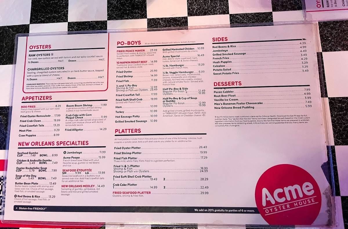 Menu at Acme Oyster House restaurant, New Orleans, 724 Iberville St