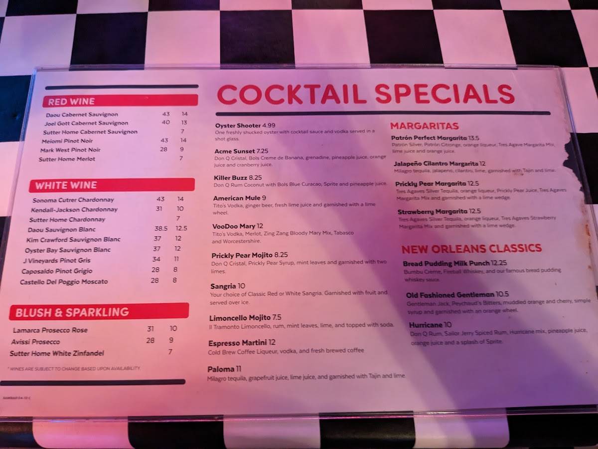 Menu at Acme Oyster House restaurant, New Orleans, 724 Iberville St