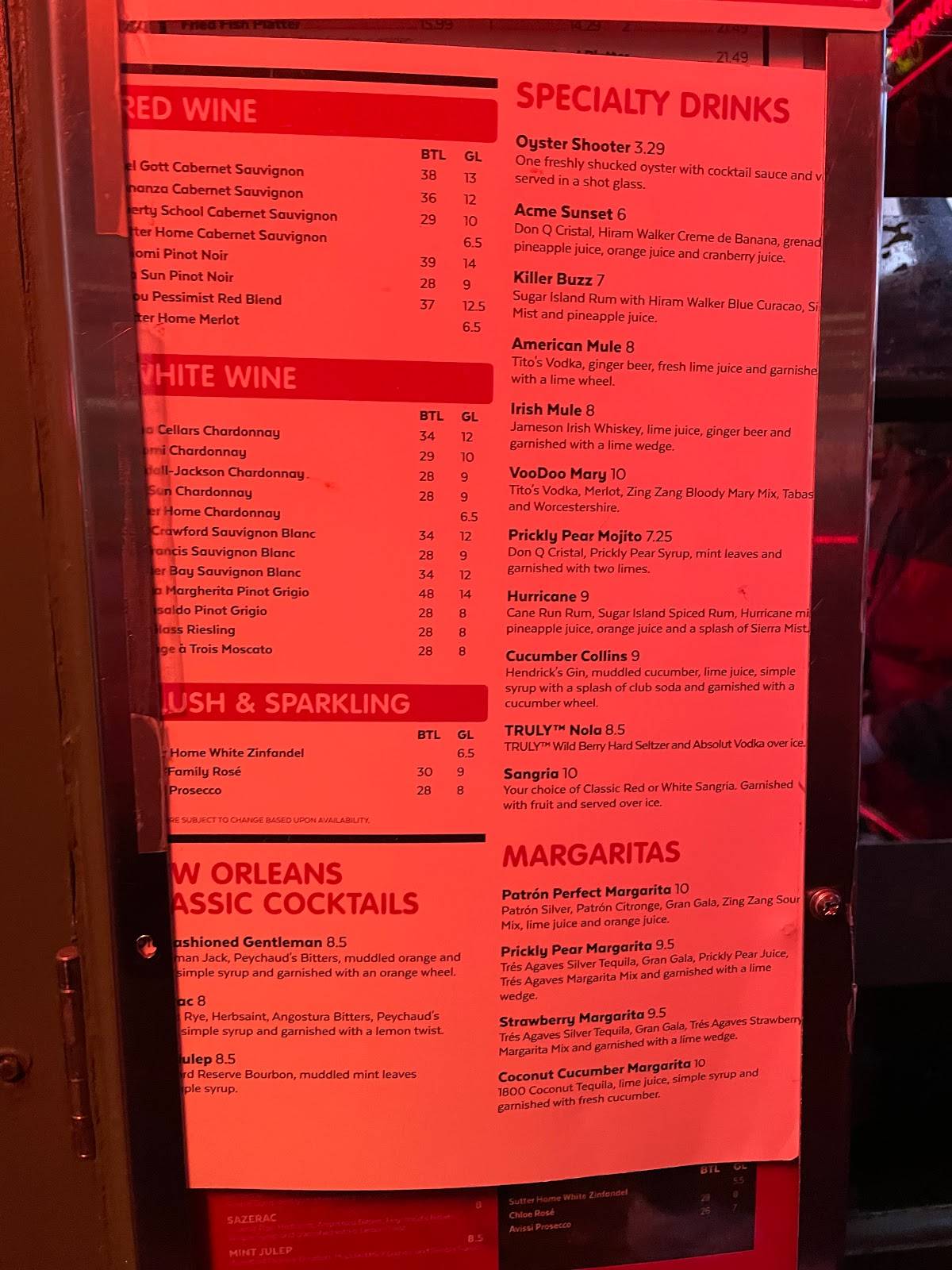 Menu at Acme Oyster House restaurant, New Orleans, 724 Iberville St