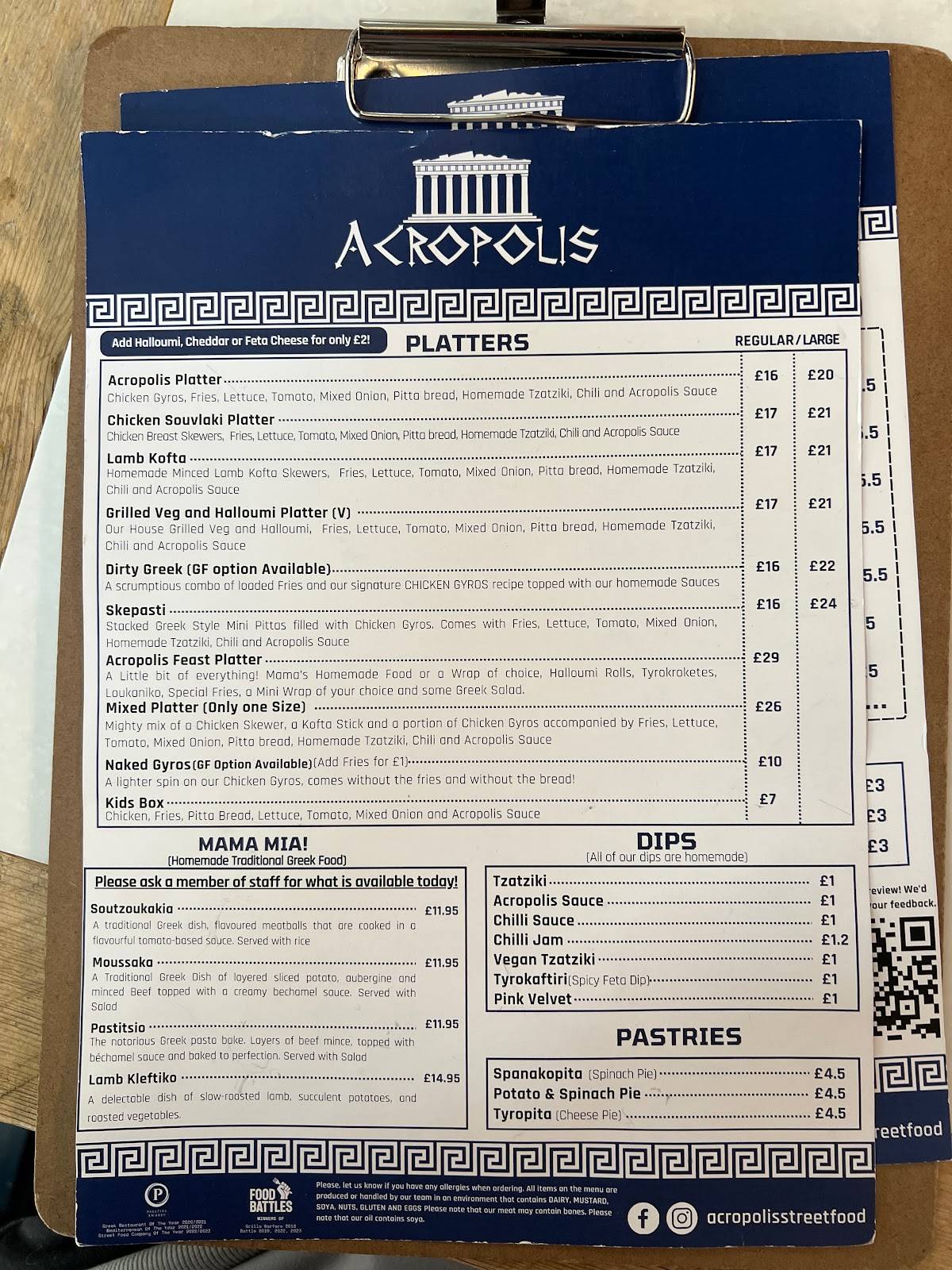 Menu at Acropolis restaurant, Gateshead