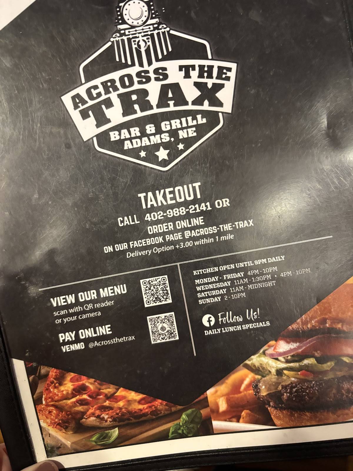 Menu at Across The Trax pub & bar, Adams