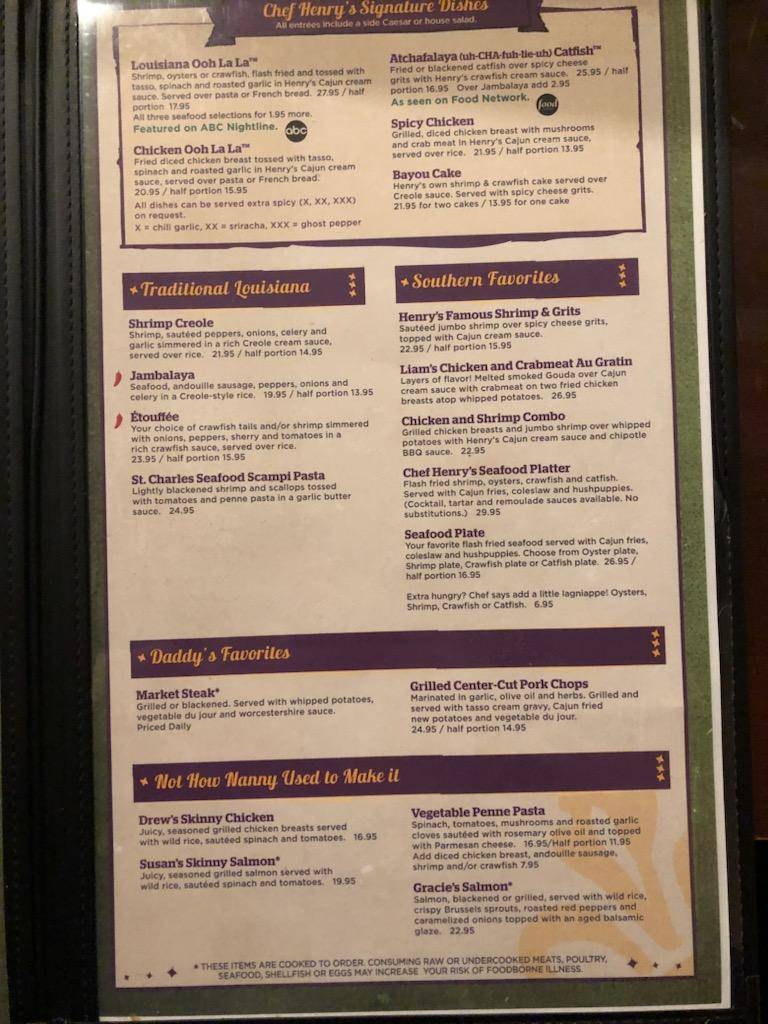 Menu at Henry's Louisiana Grill restaurant, Acworth