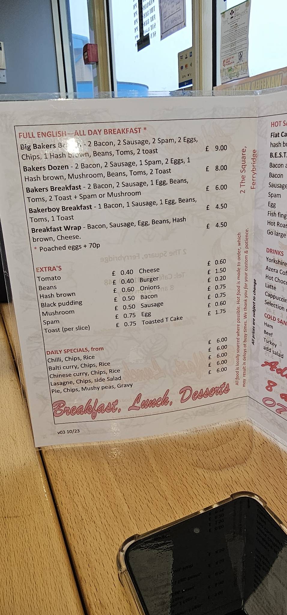 Menu at Adams Bakery Cafe, Knottingley