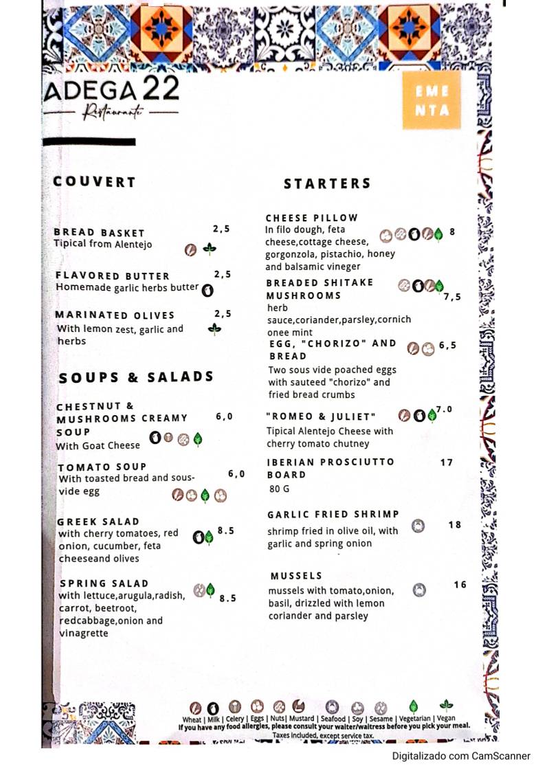 Menu at Adega 22 restaurant, Vila Nova de Milfontes