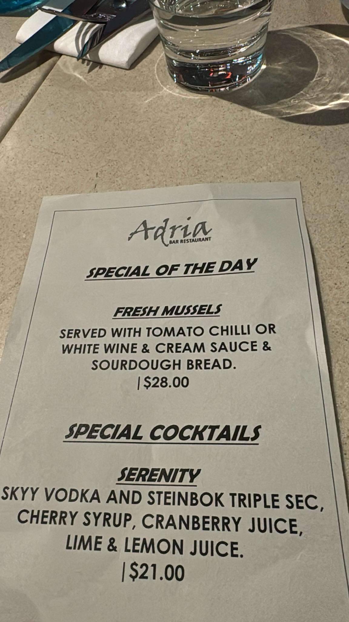 Carta de Adria Bar Restaurant, Sydney