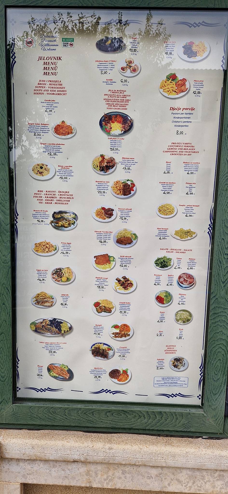Menu at Adria Grill restaurant, Novigrad