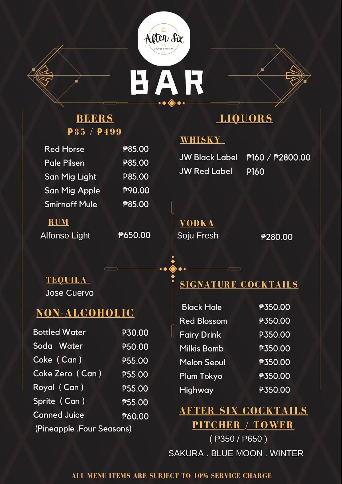 Menu at After Six Lounge Cafe Bar, Manila