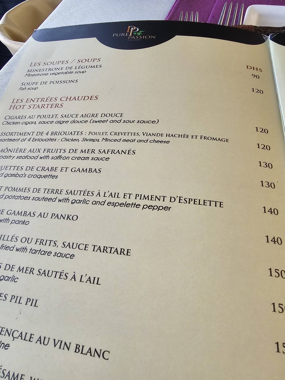 Menu at Pure Passion restaurant, Agadir, Résidence N°02 m1 Complexe Marina