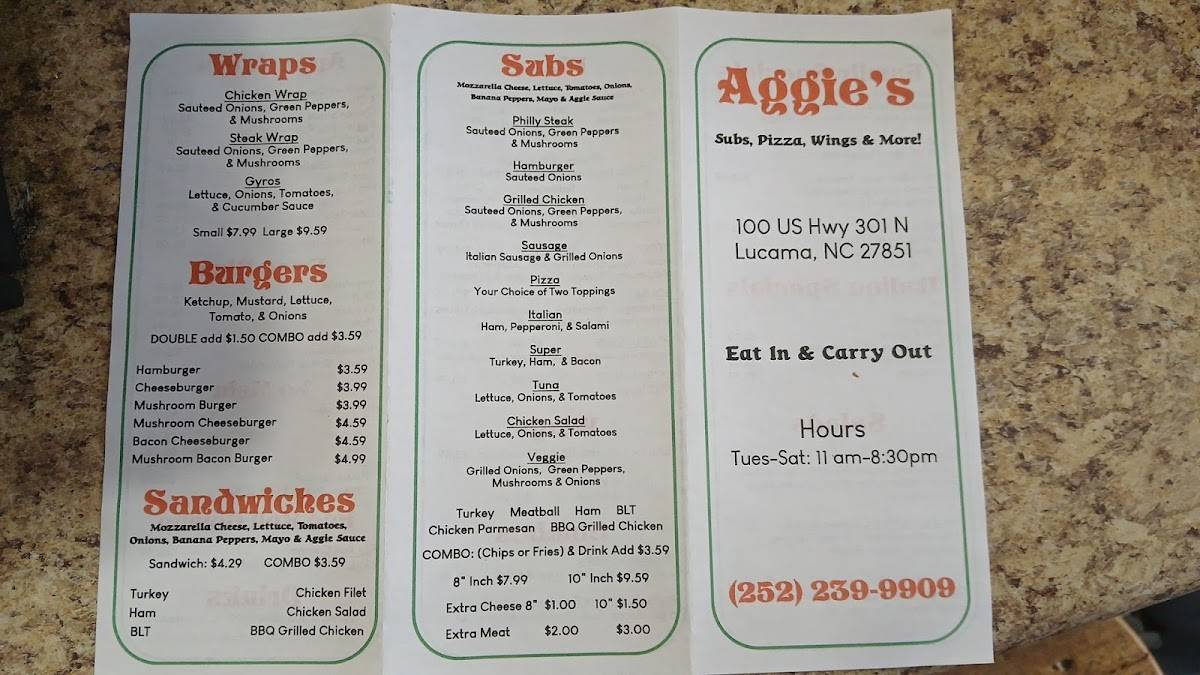 Menu at Aggie's Steak restaurant, Lucama