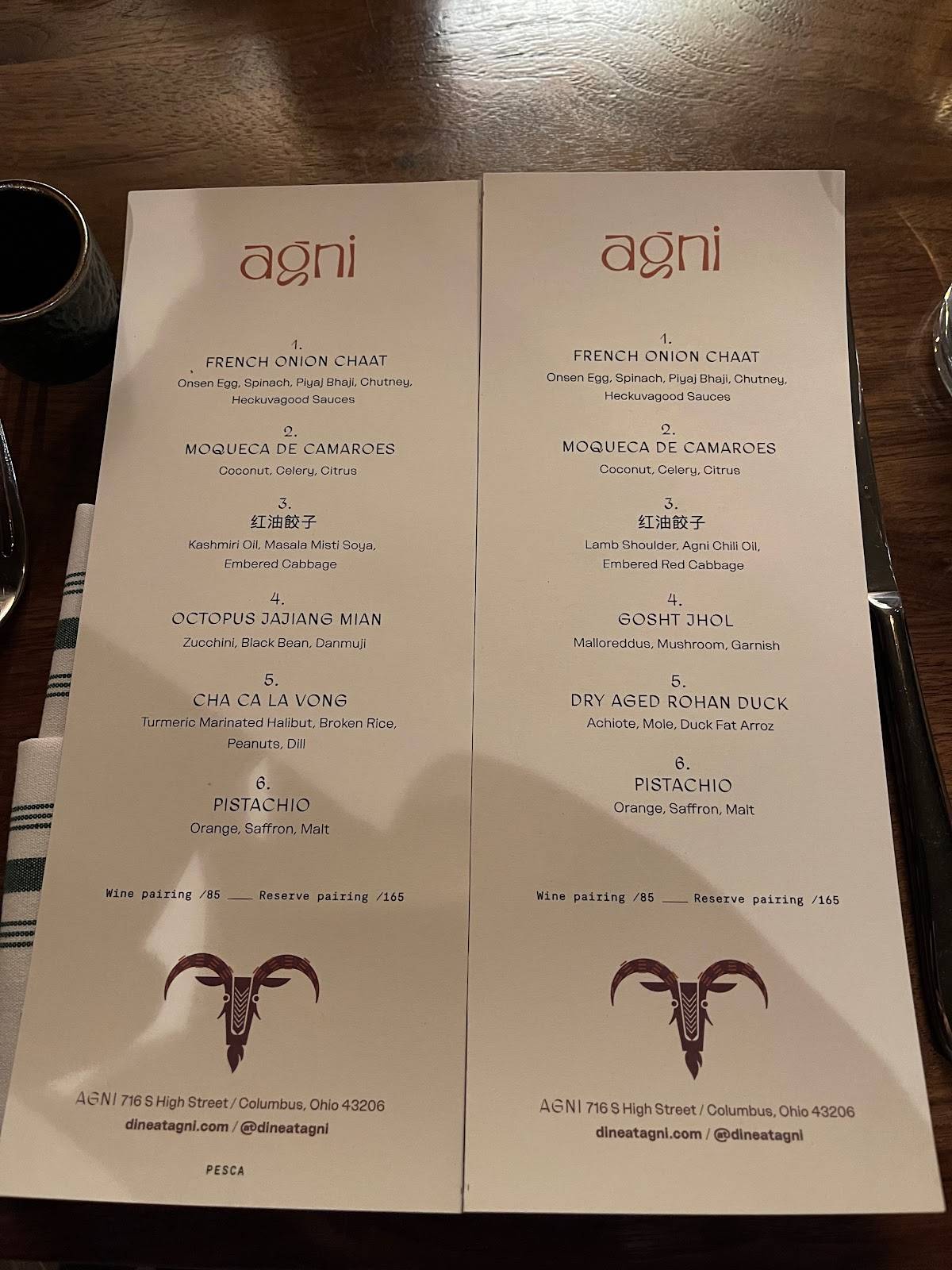 Menu at Agni restaurant, Columbus