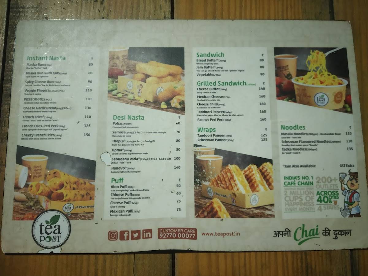 Menu at Tea Post, Ahmedabad, Sardar Vallabhbhai Patel International Airport