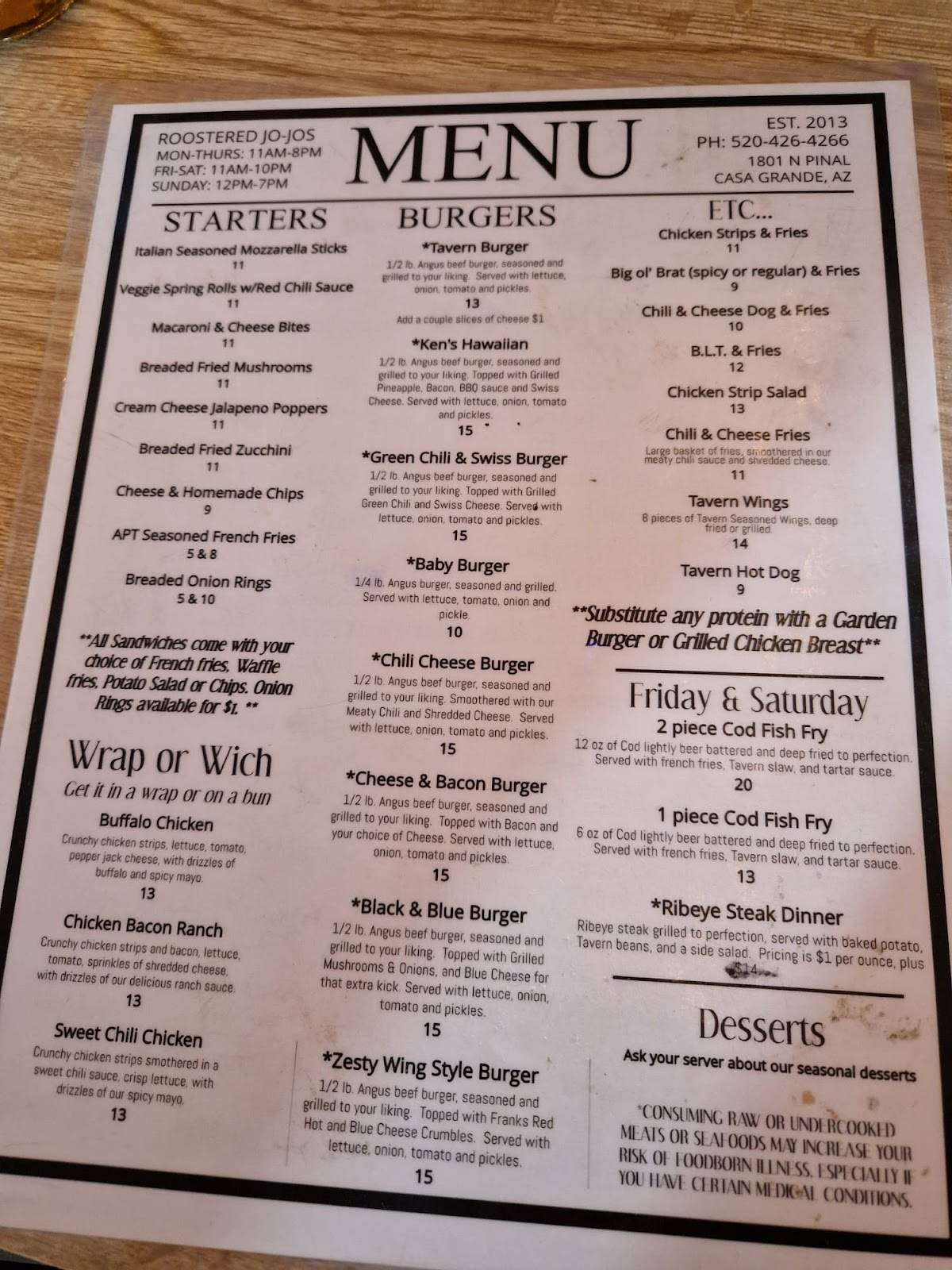 Menu at Airport Tavern pub & bar, Casa Grande