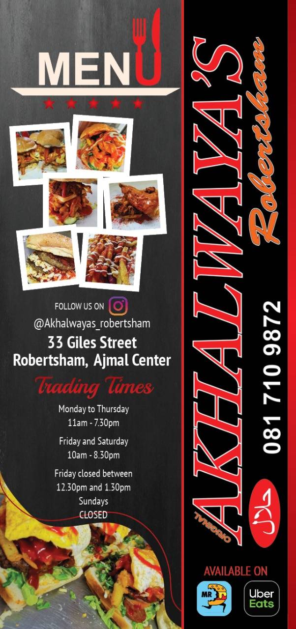 Menu at Akhalwaya's! Robertsham restaurant, Johannesburg, 33 Giles St