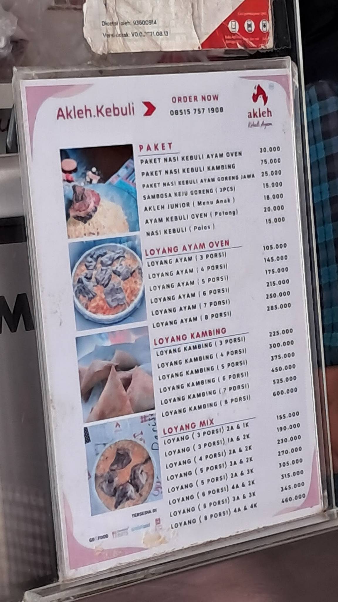 Menu at Akleh Kebuli Ayam restaurant, Central Jakarta