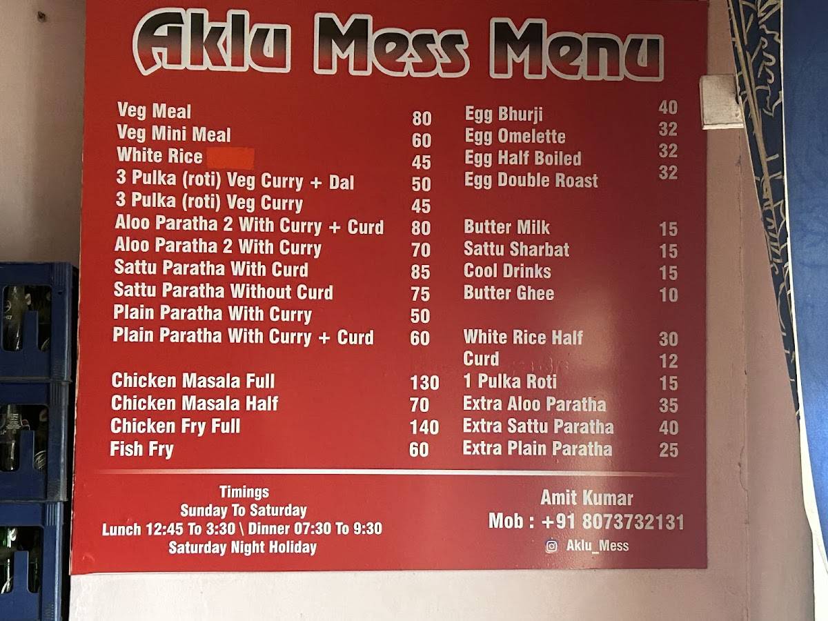 Menu at Aklu Mess, Mysuru