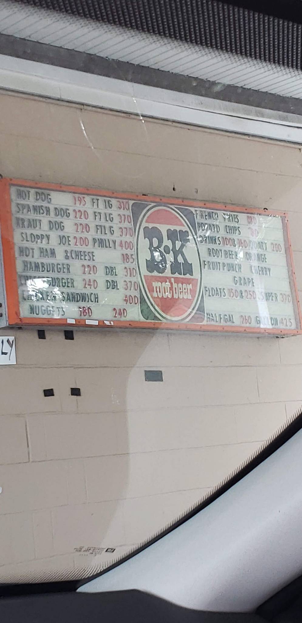Menu at B & K Root Beer Drive In restaurant, Akron