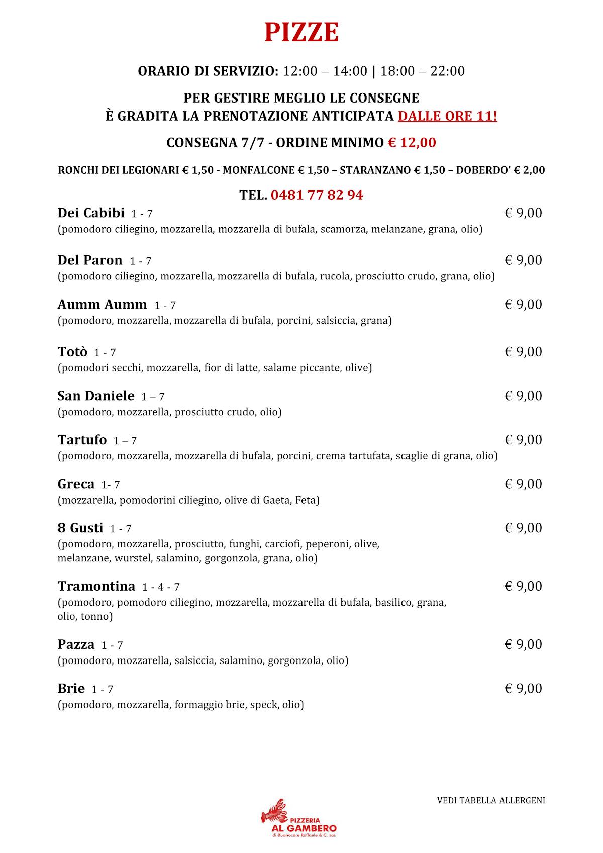 Menu da Pizzeria Al Gambero, Monfalcone