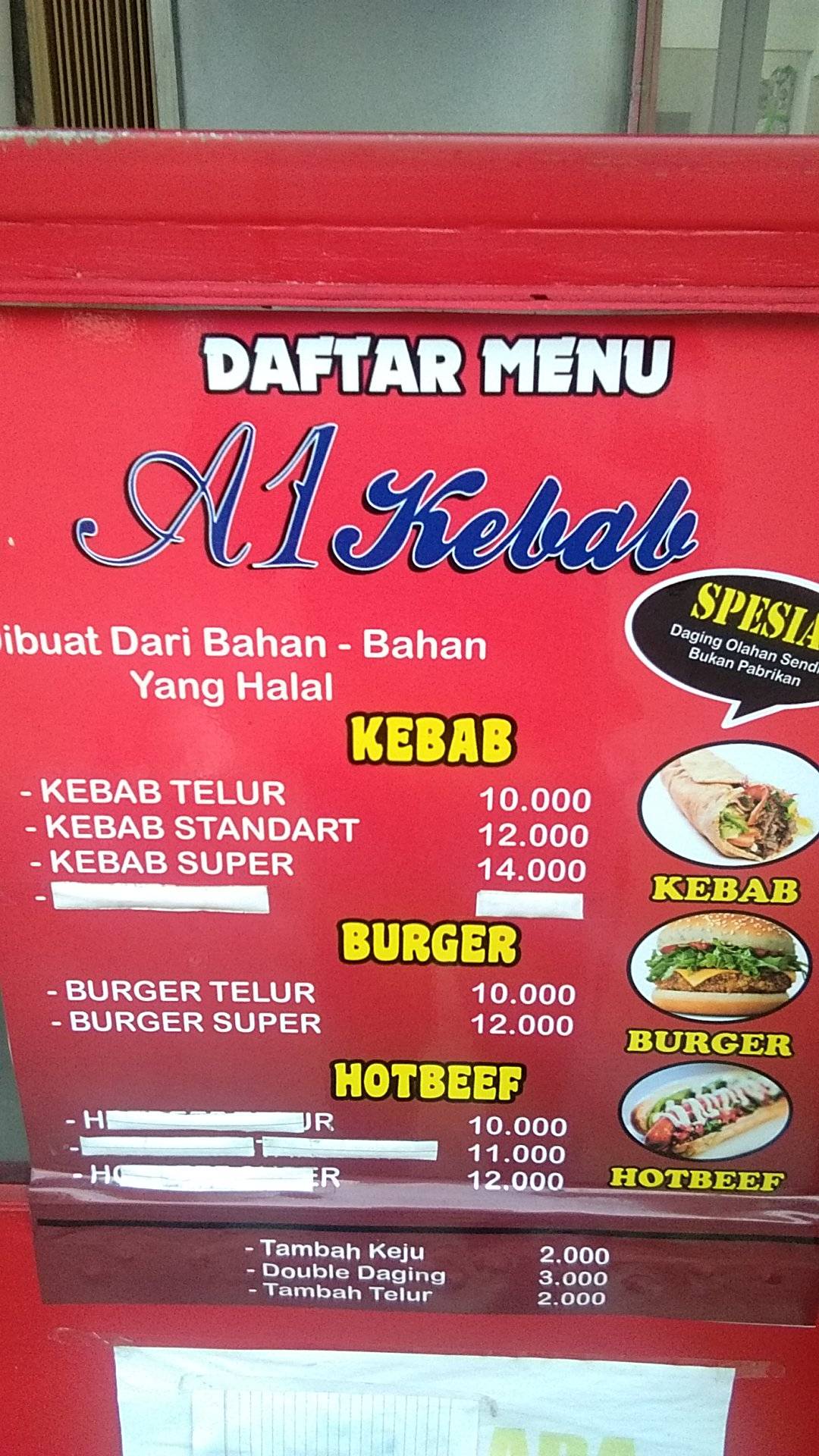 Carta del restaurante Al Kebab Dan Bulger, Indonesia