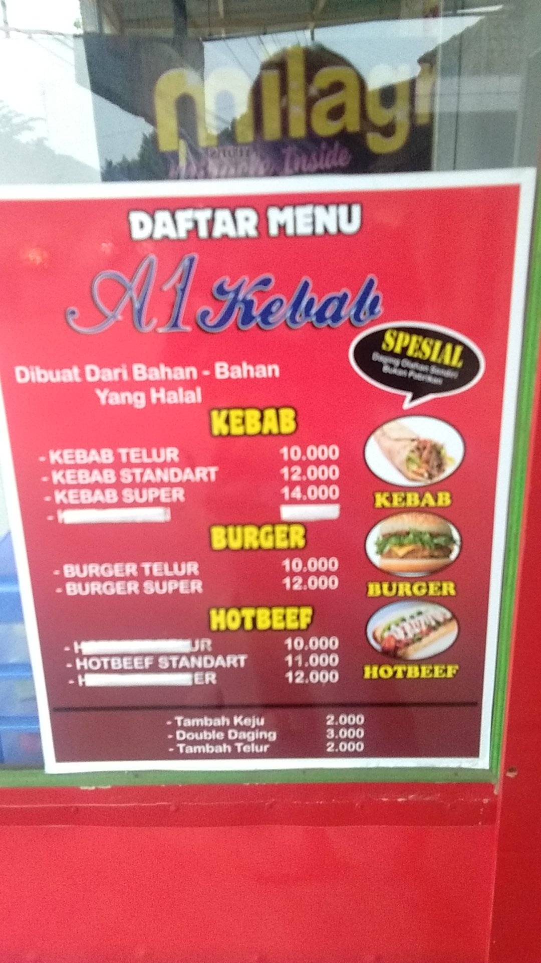 Carta del restaurante Al Kebab Dan Bulger, Indonesia