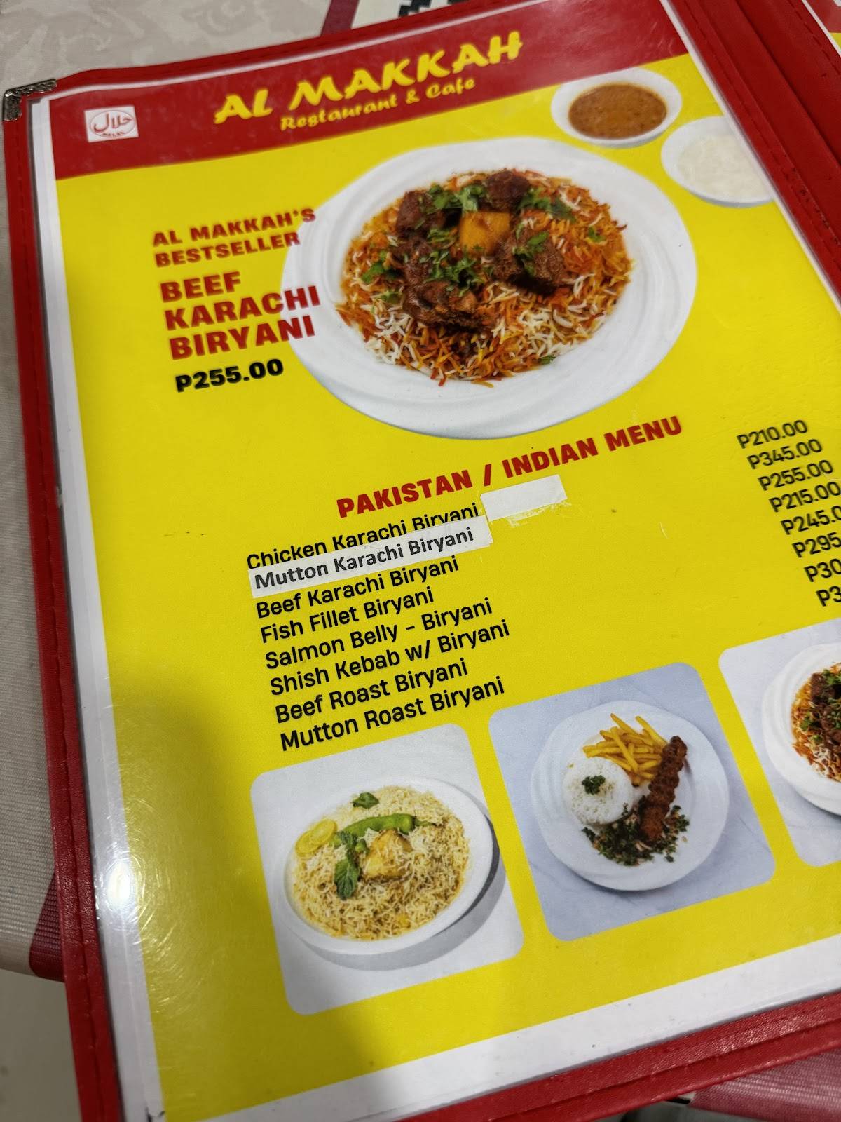 Menu at Al Makkah Restaurant & Cafe, Manila