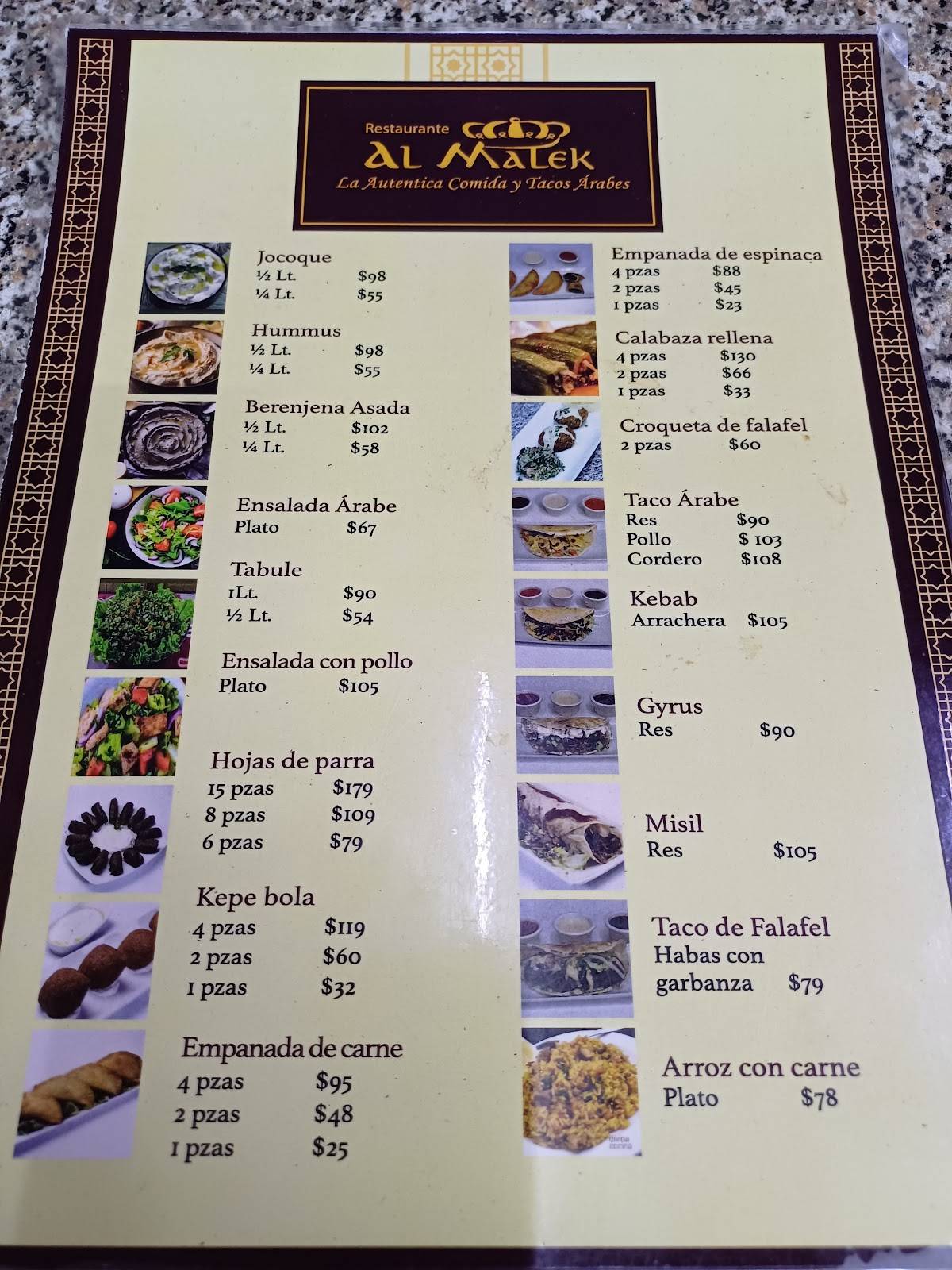 Carta del restaurante Al Malek, Guadalajara, Av. Adolfo López Mateos ...